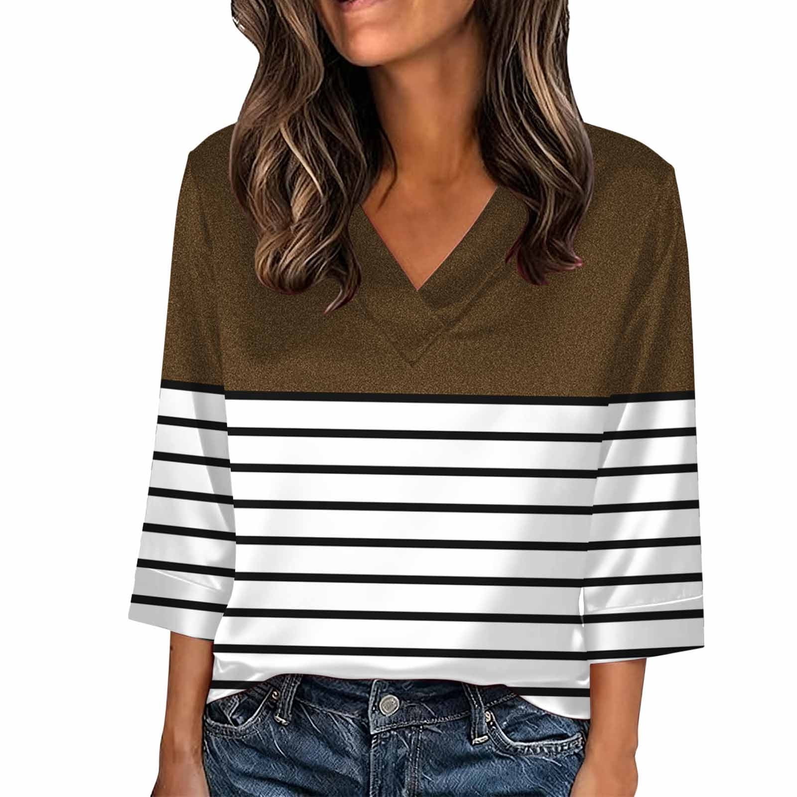 Atogsazn Women's Silk Satin Blouse Striped Casual 3/4 Sleeve Pullover ...