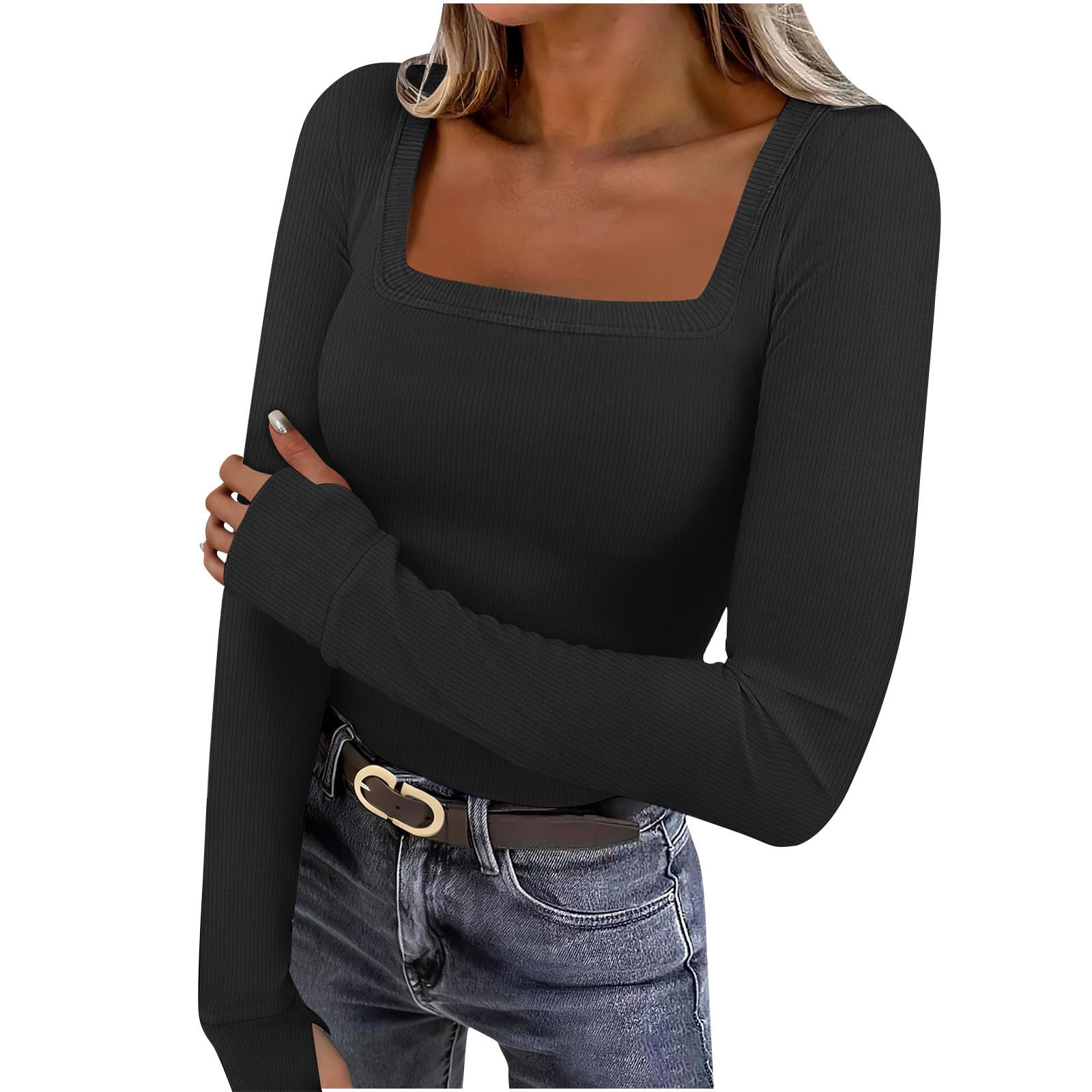 Atogsazn Women's Square Neck Blouse Casual Ribbed Knit Thermal ...