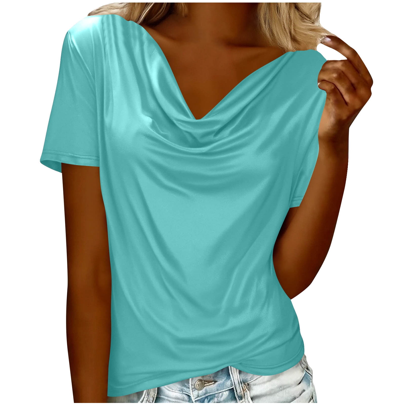 Atogsazn Women's Summer Cowl Neck Blouse Casual Short Sleeve Tops Loose ...