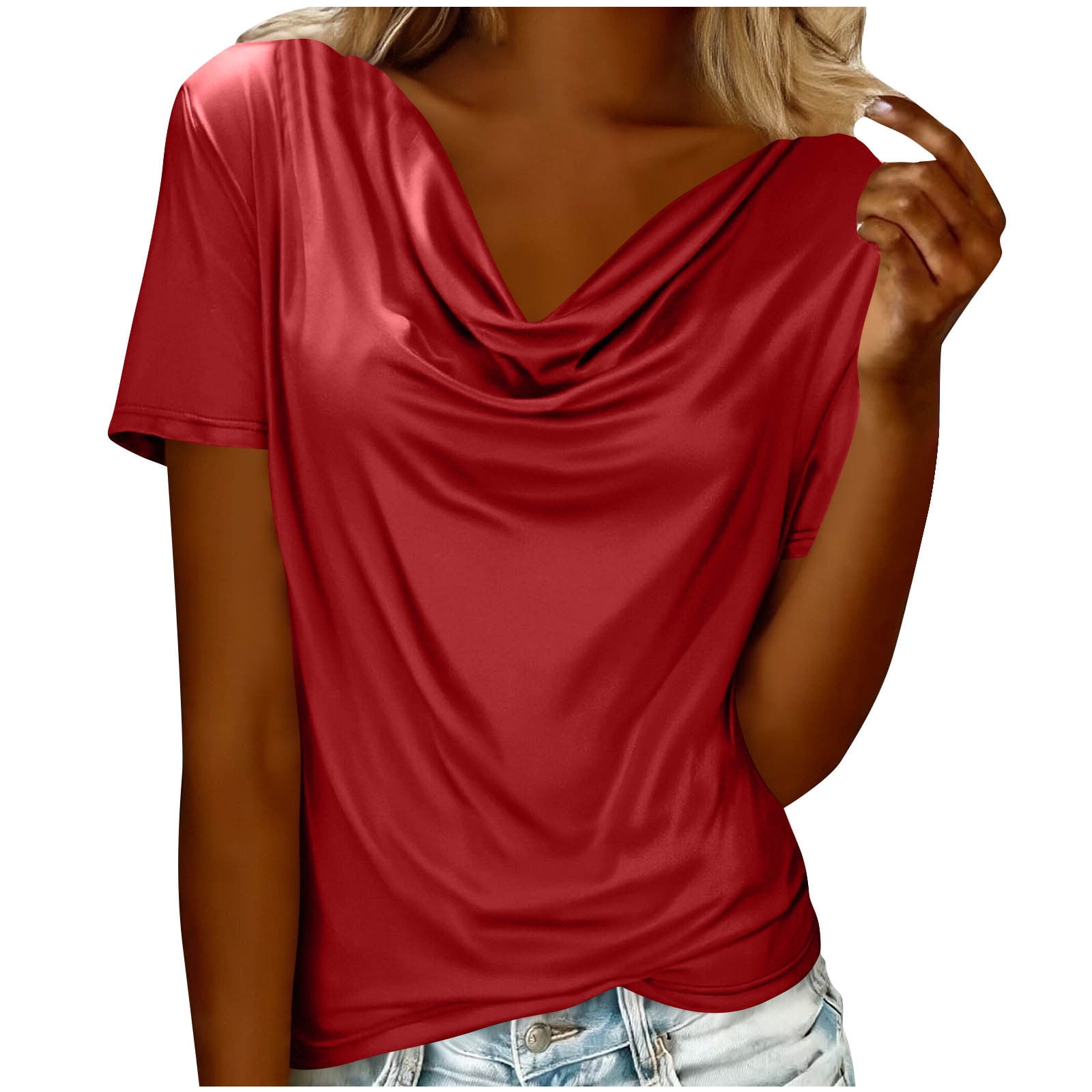Atogsazn Women's Summer Cowl Neck Blouse Casual Short Sleeve Tops Loose ...