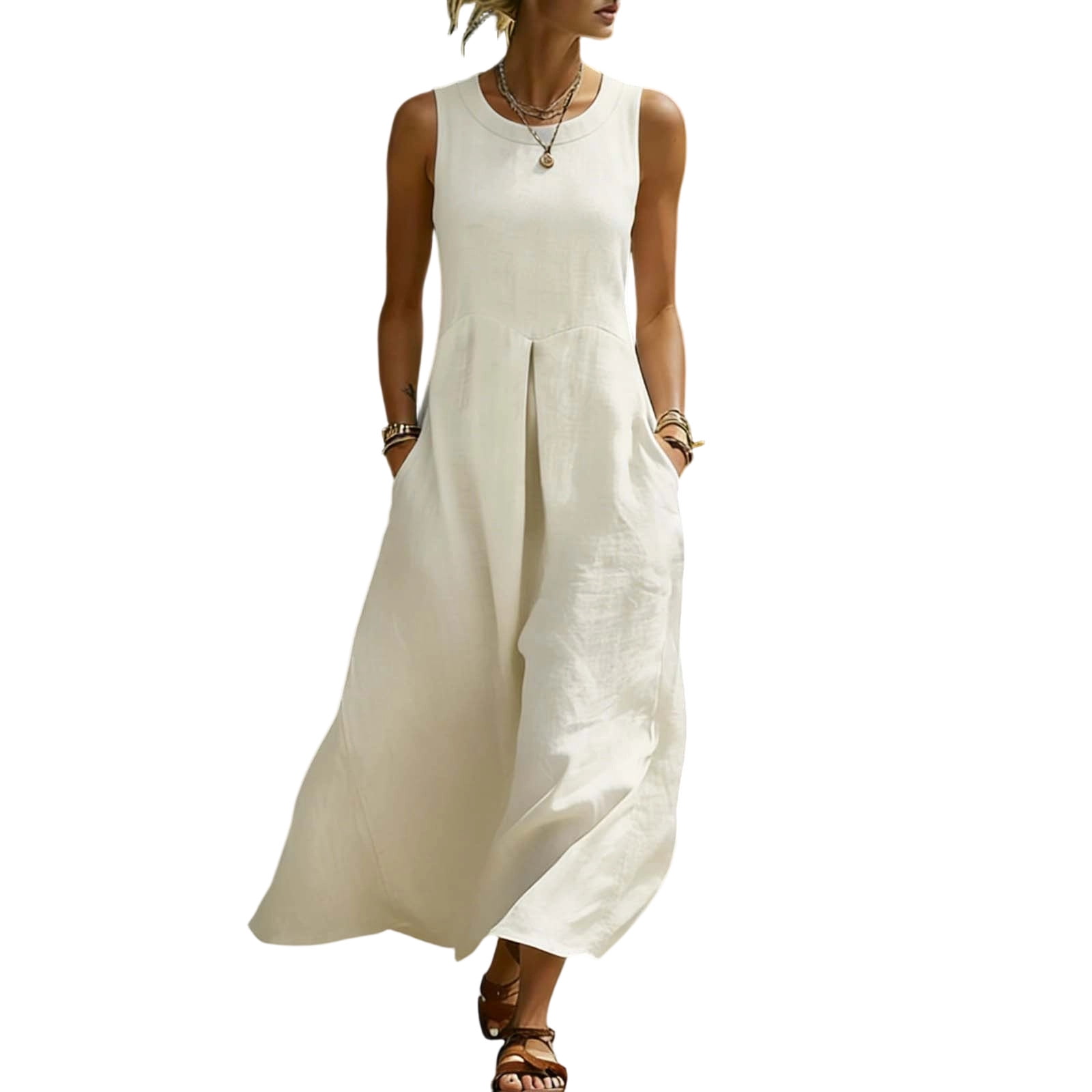 Atogsazn Women's Summer Linen Maxi Dress Casual Pleated Front ...