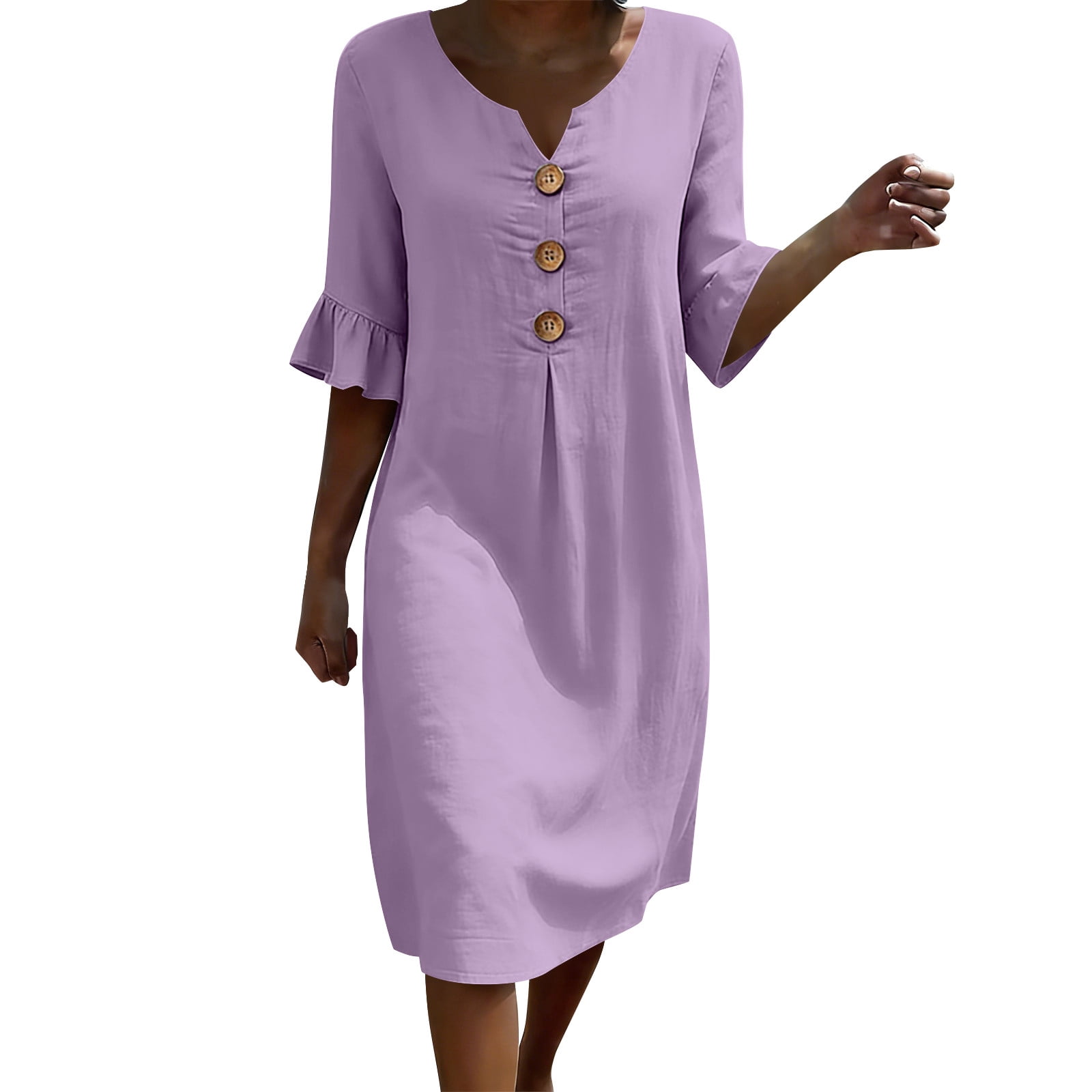 Atogsazn Women's Summer V Neck Linen Maxi Dress Casual Dressy Button ...