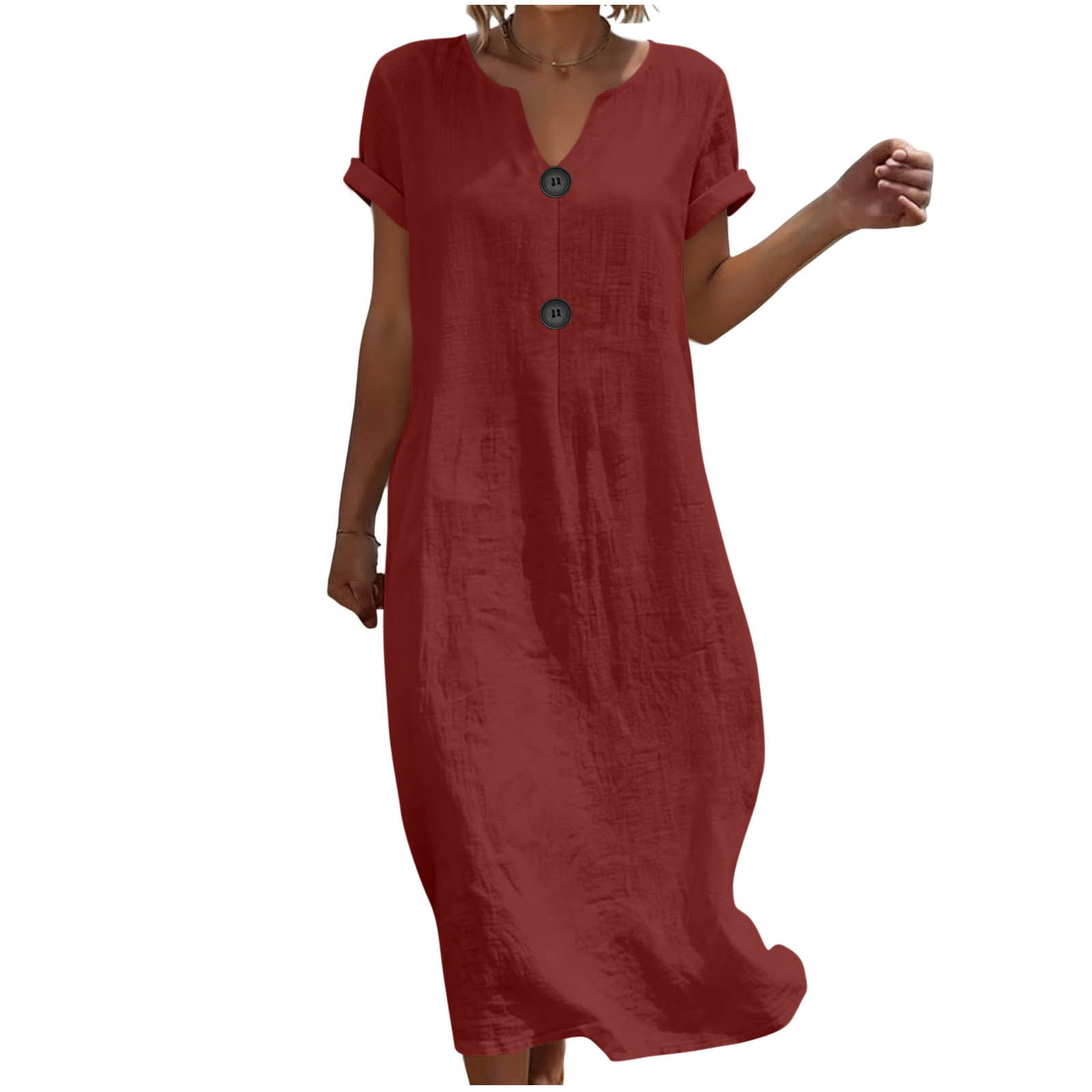 Atogsazn Women's Summer V Neck Linen Maxi Dress Casual Dressy Button ...