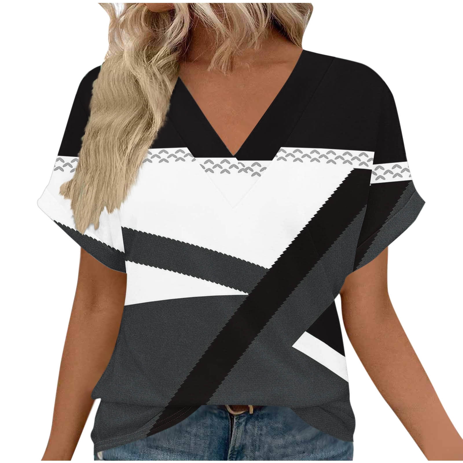 Atogsazn Women's V Neck T-Shirts Casual Summer Colorblock Loose Short ...