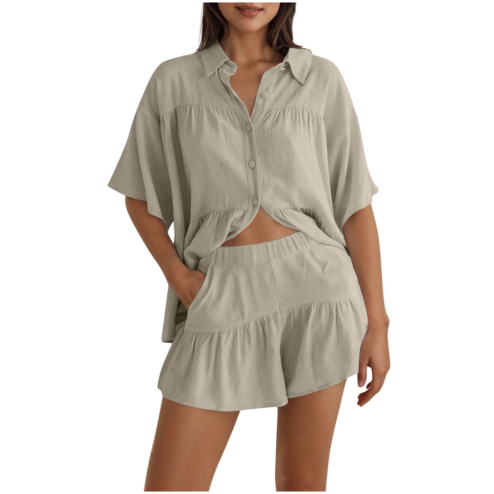 Atogsazn Womens 2 Piece Outfits Summer Ruffled Short Sleeve Shirt and ...
