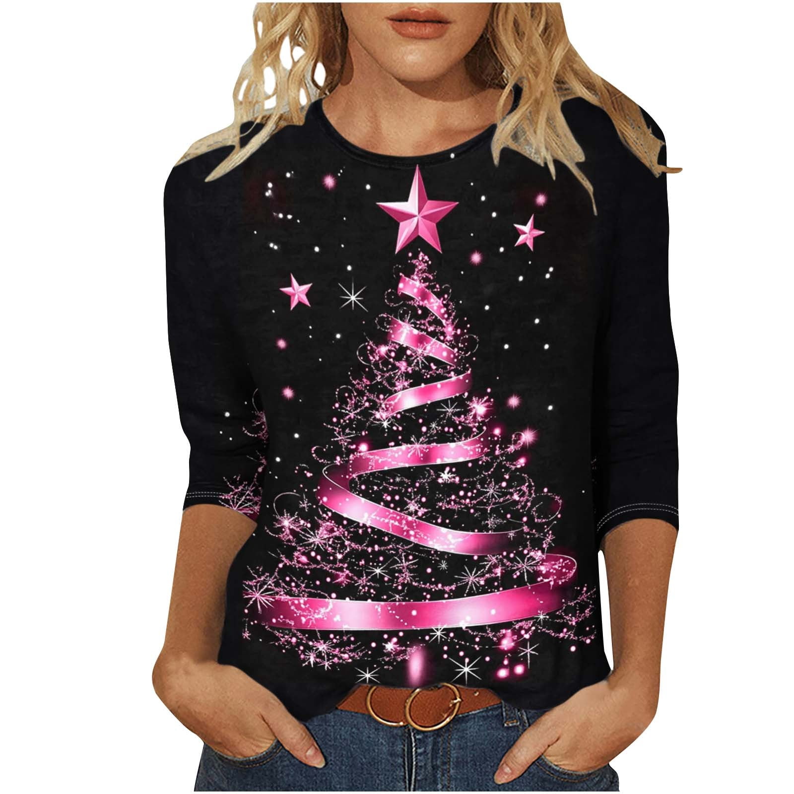 Atogsazn Womens Christmas 3/4 Sleeve Shirt Casual Crew Neck Pullover ...
