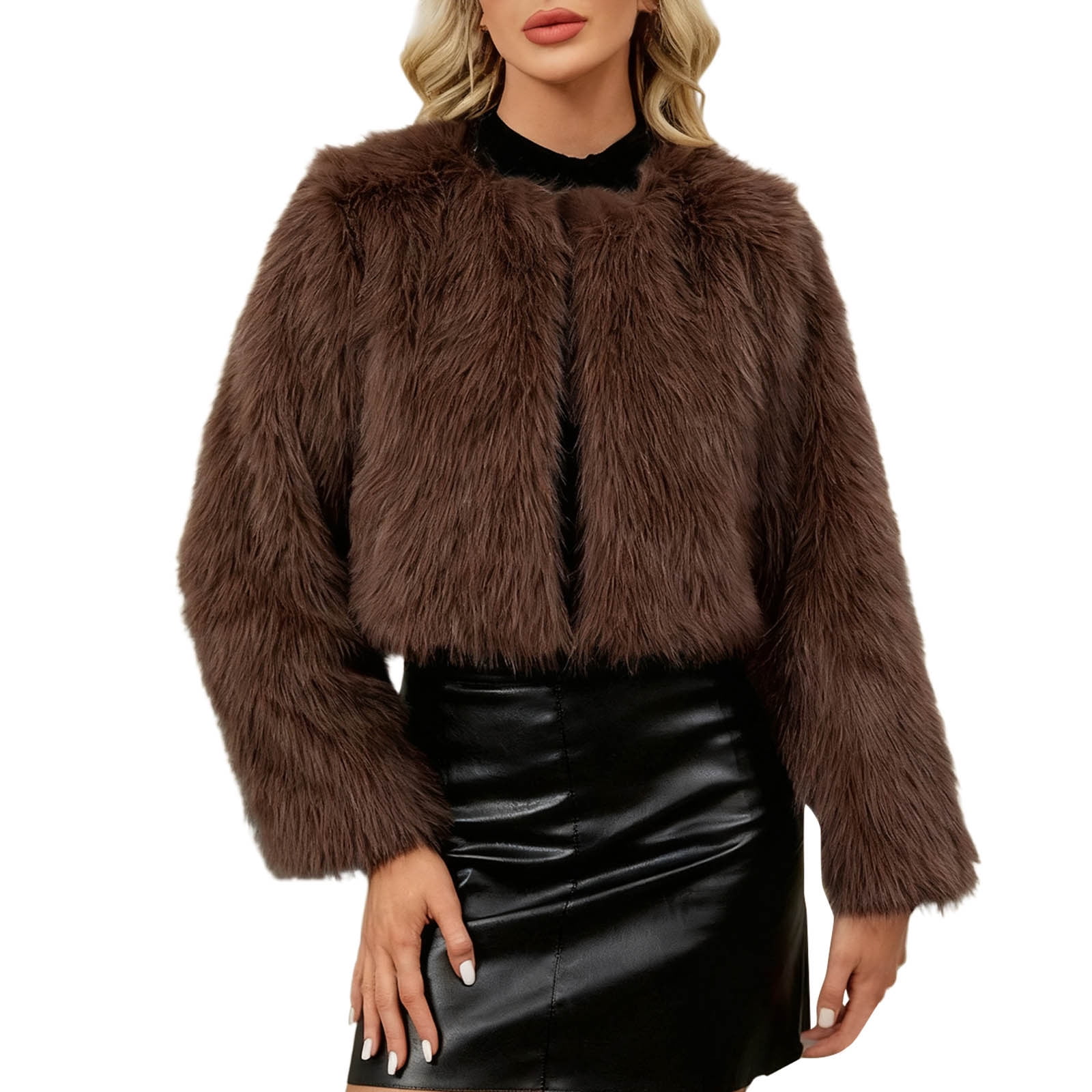 Atogsazn Womens Faux Fur Cropped Jacket Fuzzy Long Sleeve Thick Warm ...