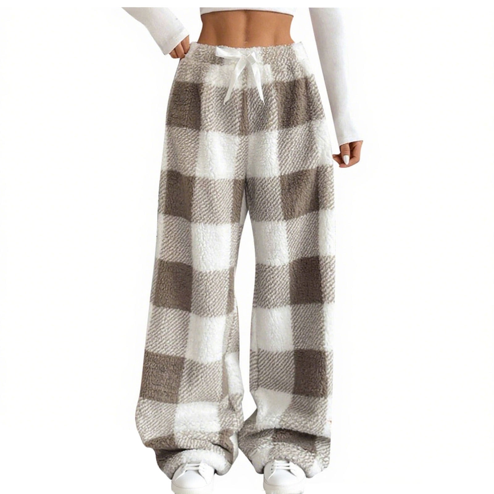 Atogsazn Womens Fuzzy Pants Casual Plaid Fleece Elastic Waist Pant ...