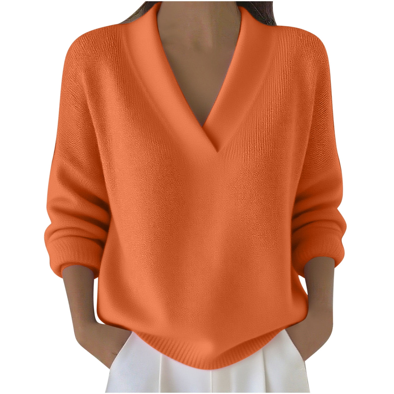 Atogsazn Womens Knitted V Neck Sweater Casual Loose Long Sleeve ...