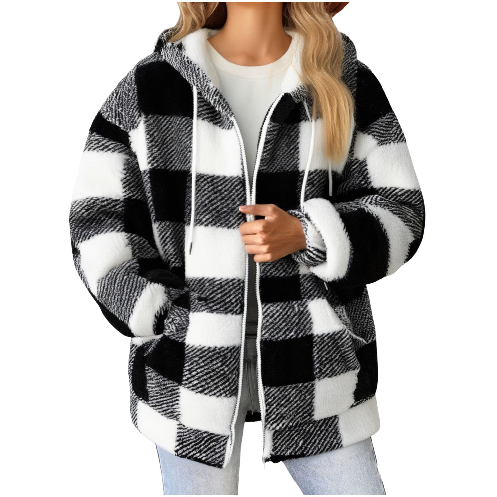 Atogsazn Womens Plaid Sherpa Jacket Full Zip Long Sleeve Shacket Hooded ...