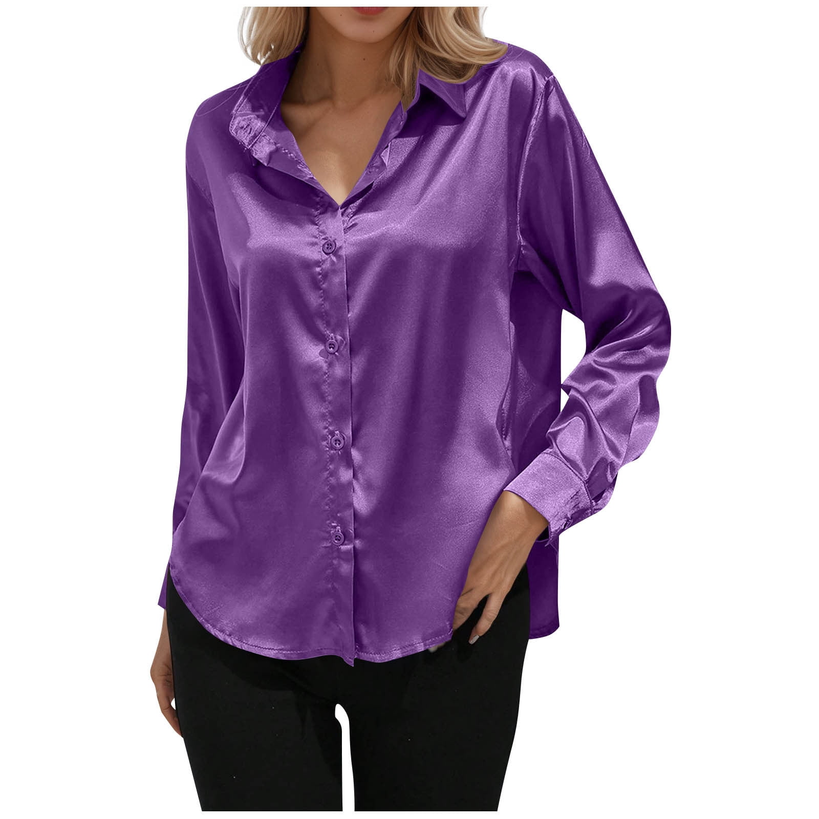 Atogsazn Womens Satin Silk Button Down Shirt Casual V Neck Long Sleeve ...