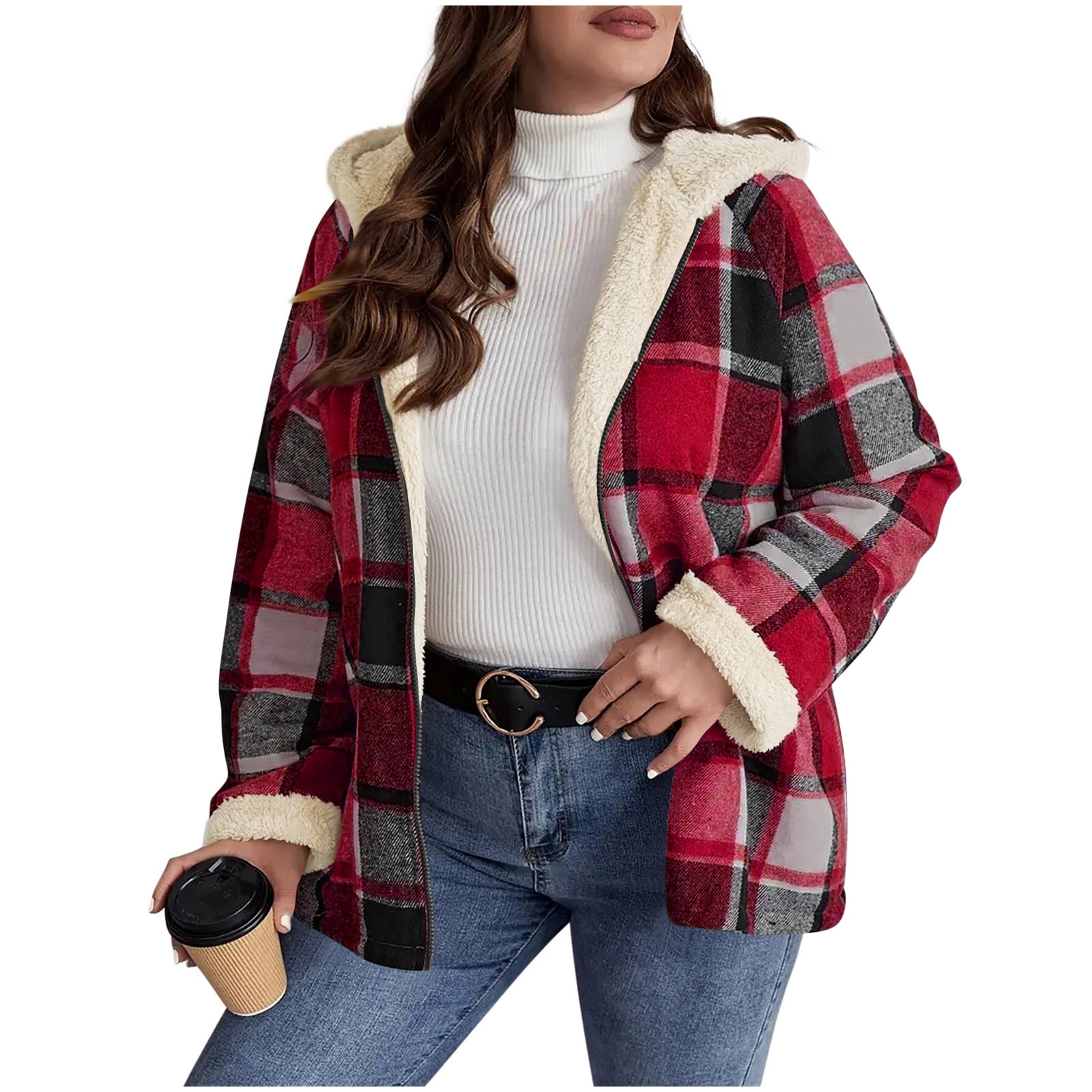Atogsazn Womens Sherpa Lined Hoodies Oversized Plaid Zip Up Fleece Long ...