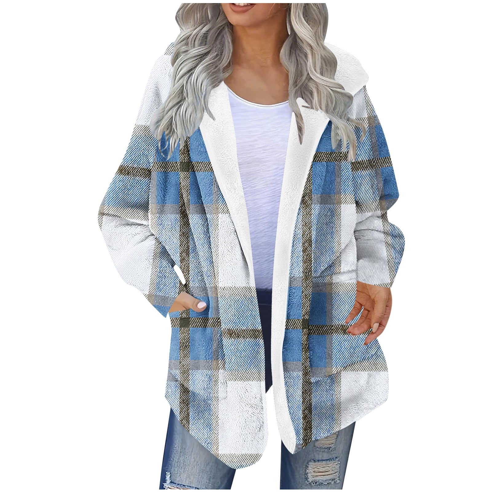 Atogsazn Womens Sherpa Lined Jacket Zip Up Loose Plaid Shacket Jackets ...