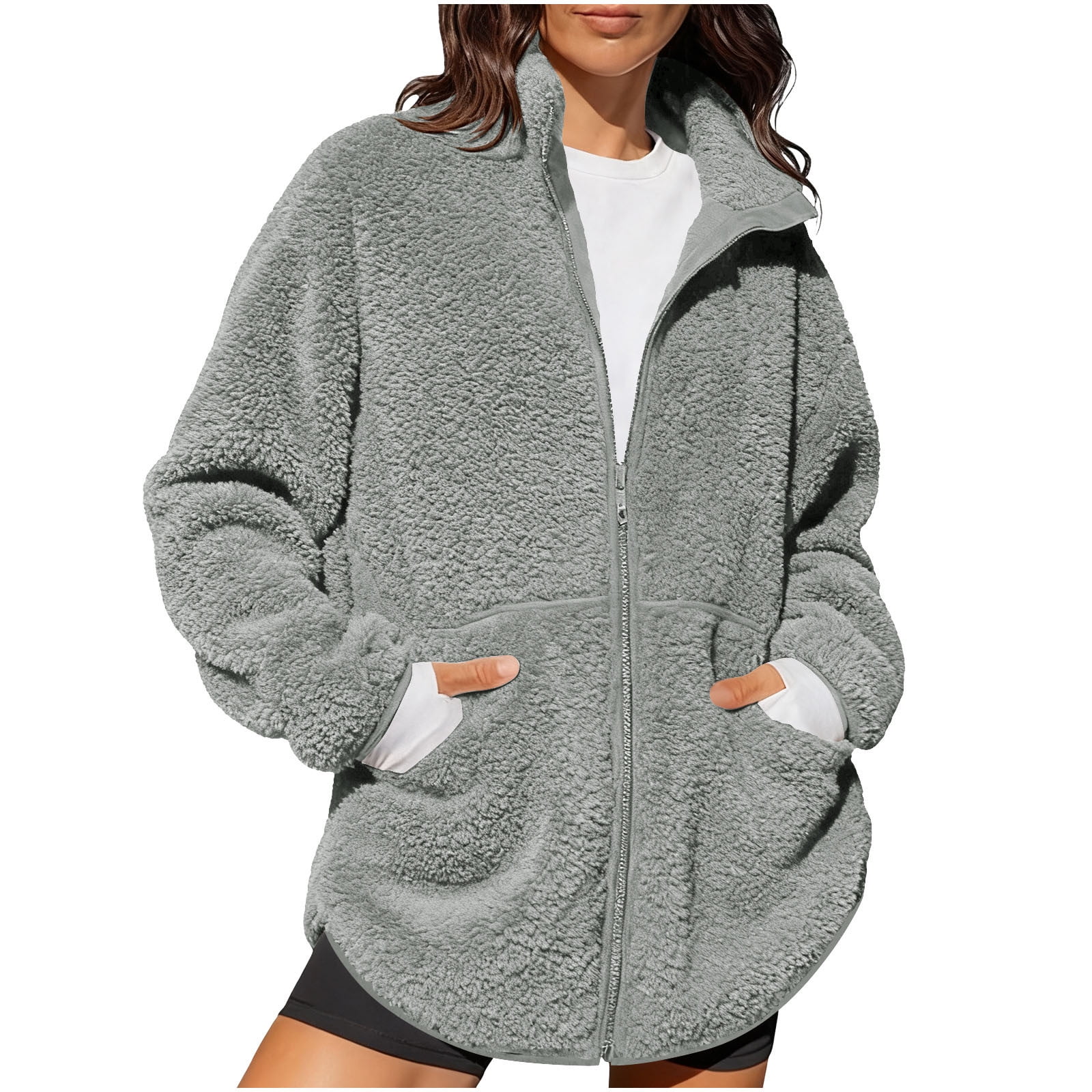 Atogsazn Womens Sherpa Zip Up Jacket Fuzzy Fleece Long Sleeve Winter ...