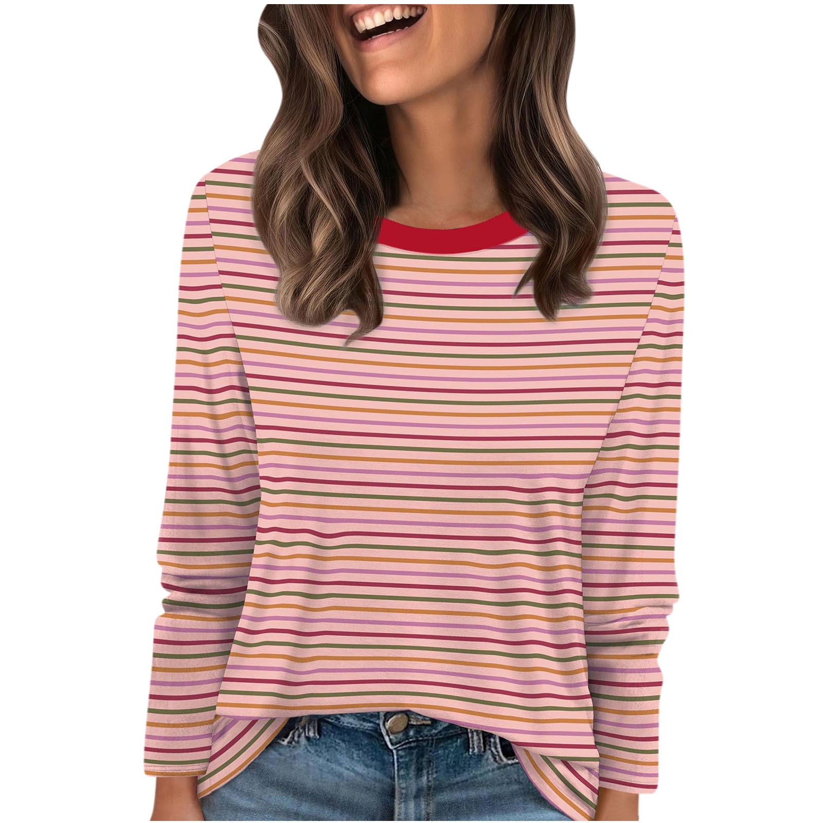 Atogsazn Womens Striped Crew Neck Blouse Casual Loose Fit Pullover ...