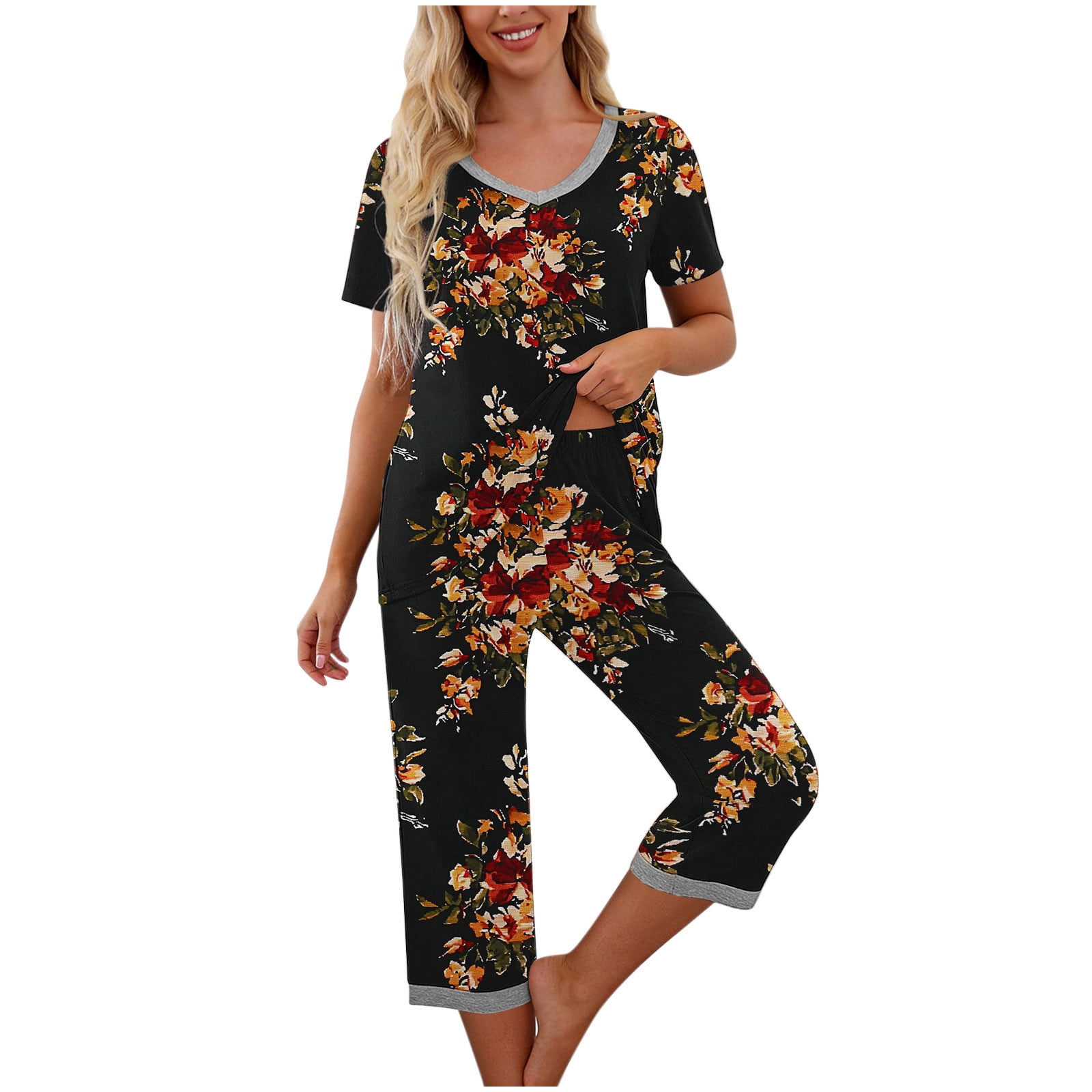 Atogsazn Womens Summer Floral Print Pajamas Clothes Set Casual Crew ...
