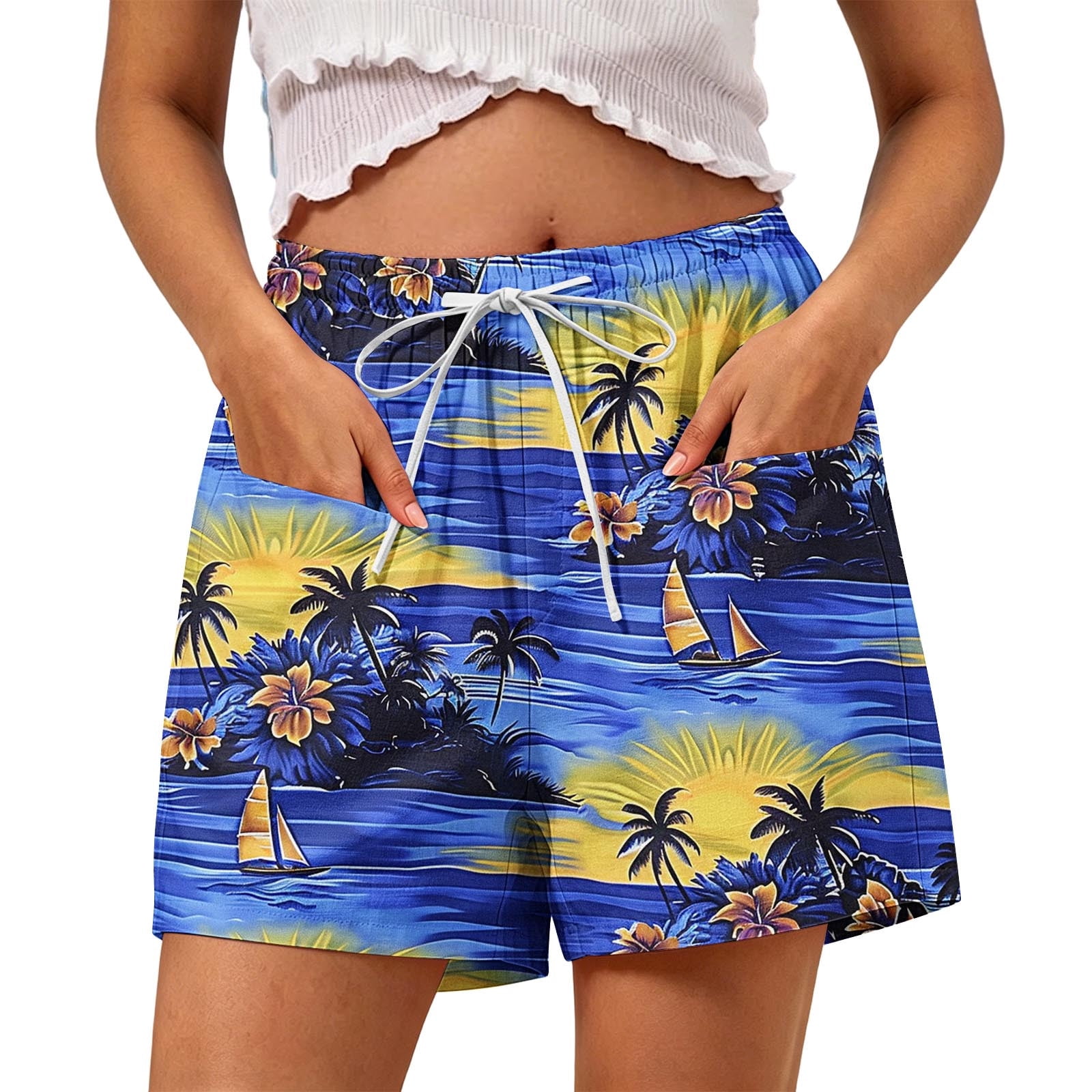 Atogsazn Womens Summer Hawaiian Shorts Casual Printed Athletic Wide Leg ...