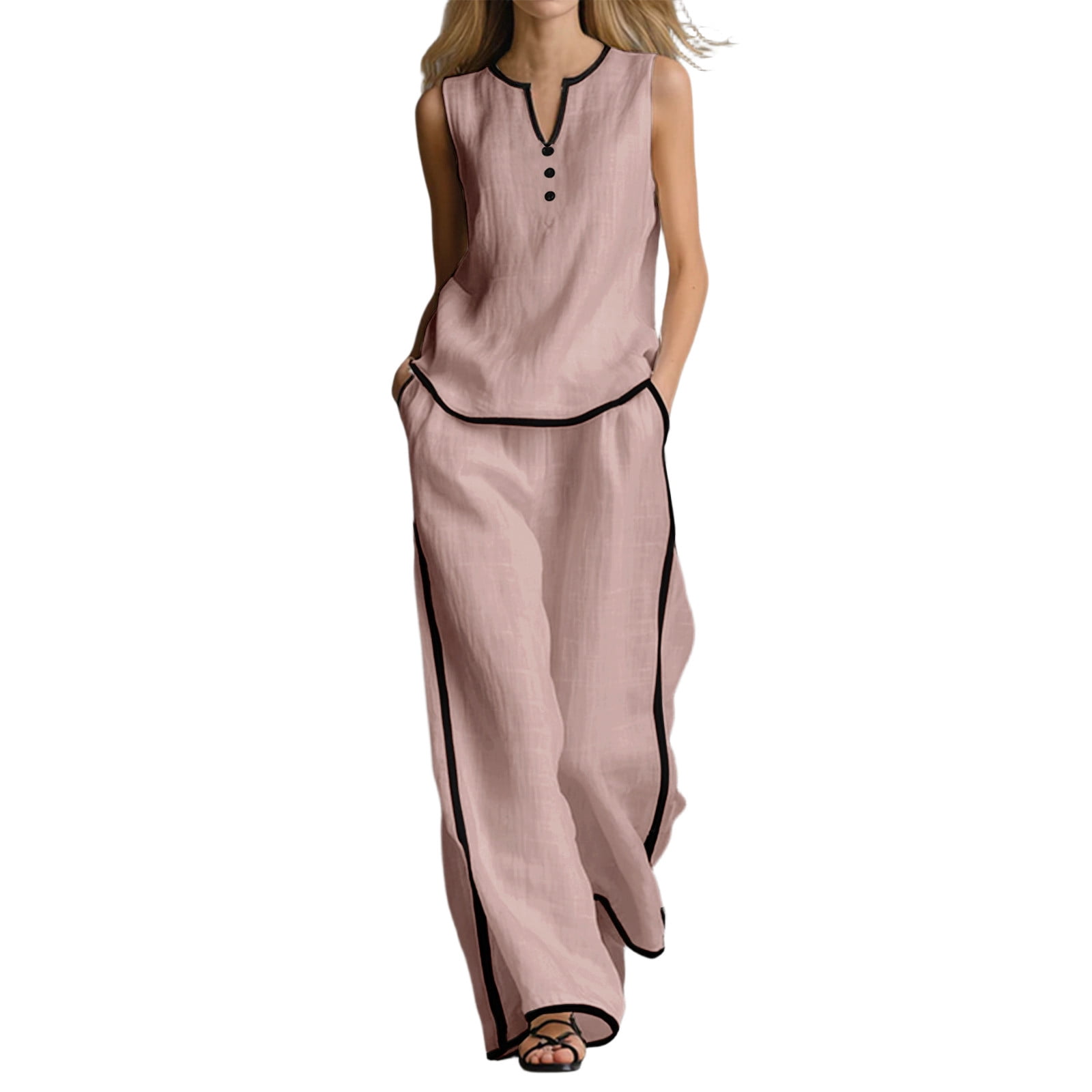 Atogsazn Womens Summer Linen Two Piece Set Casual Contrast Trim V Neck ...