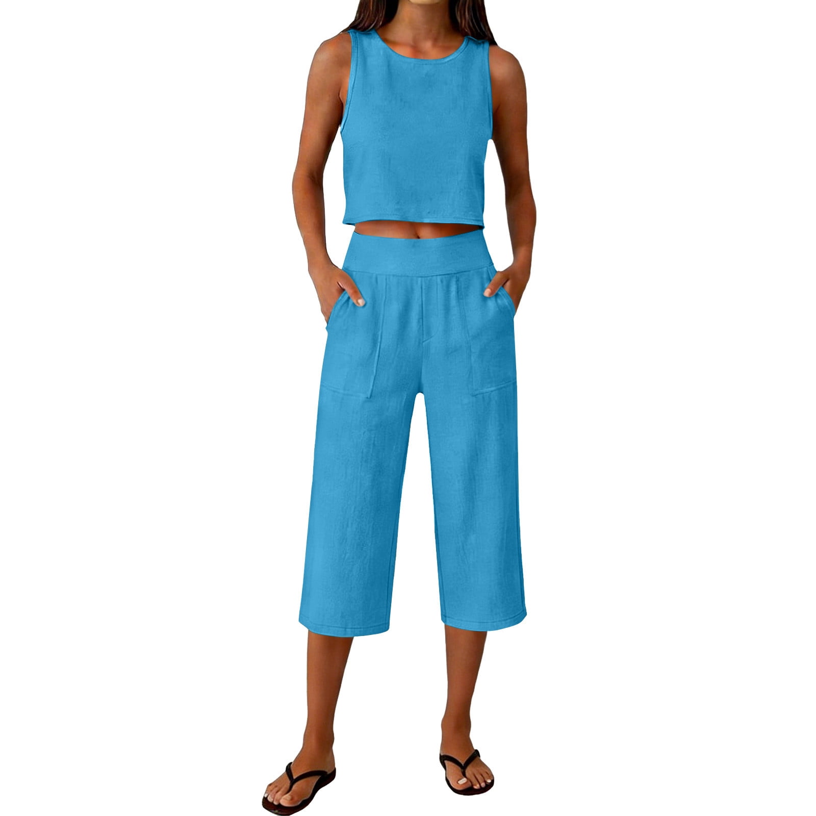Atogsazn Womens Summer Two Piece Linen Clothes Set Casual Sleeveless ...