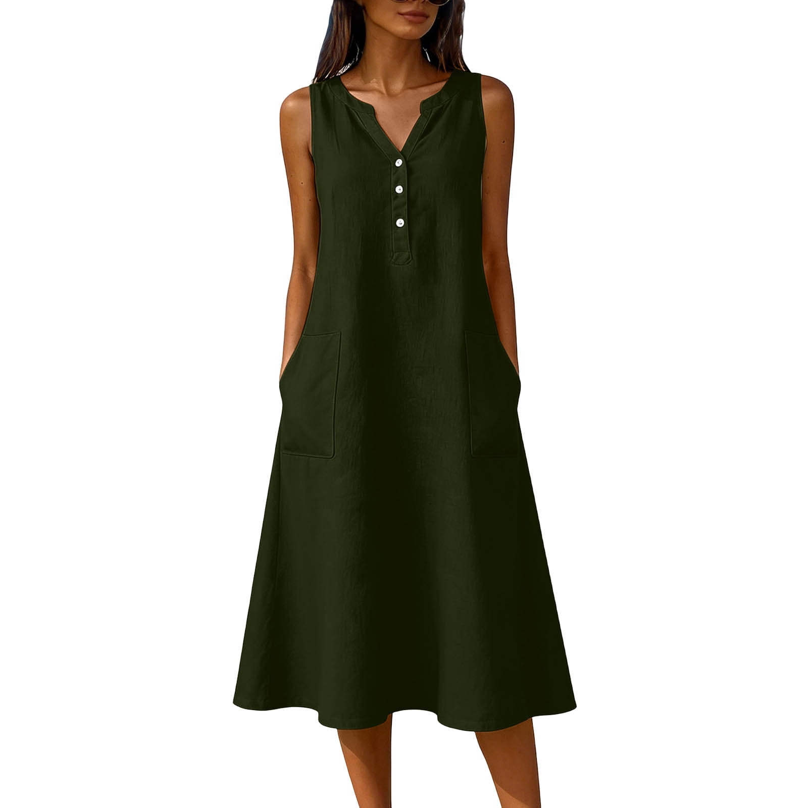 Atogsazn Womens Summer V Neck Dress Dressy Casual Button Sleeveless ...