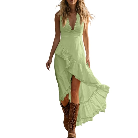 Atogsazn Womens Summer V Neck Maxi Dress Sleeveless Asymmetric High-Low ...