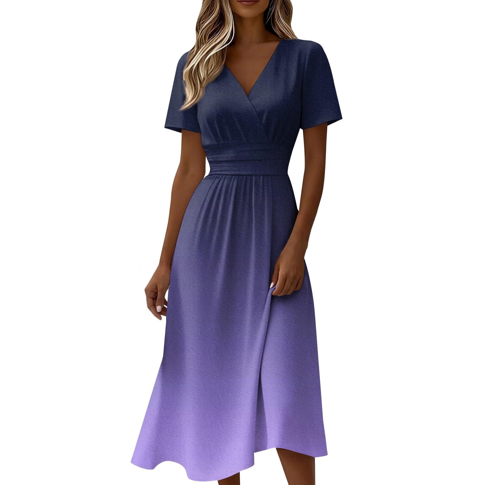 Atogsazn Womens Summer V Neck Midi Dress Dressy Casual Flowy Tummy ...
