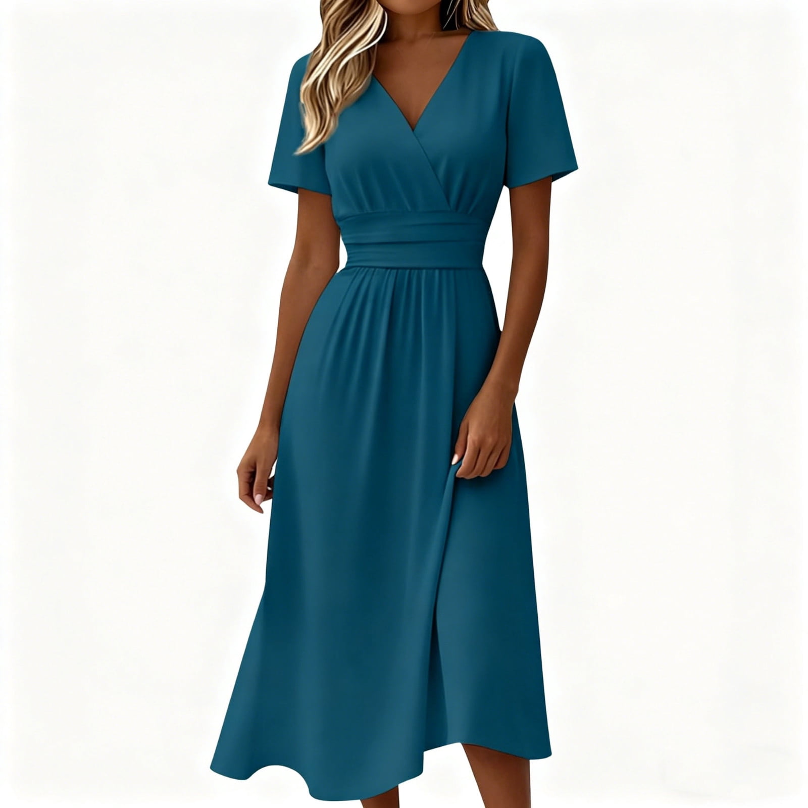 Atogsazn Womens Summer V Neck Midi Dress Dressy Casual Flowy Tummy ...