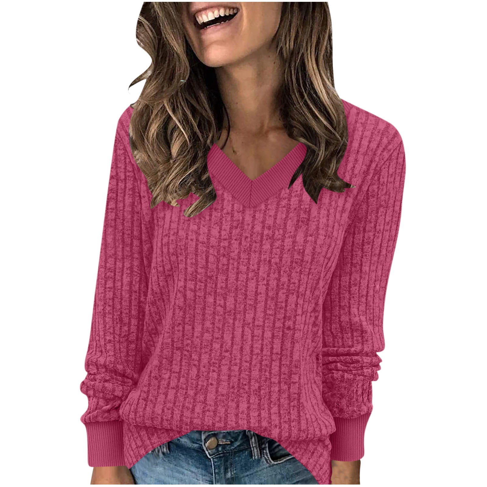 Atogsazn Womens V Neck Knitted Shirts Casual Long Sleeve Pullover ...