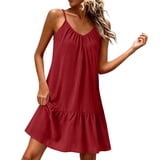 Atogsazn Womens V Neck Linen Mini Dress Casual Spaghetti Strap Ruffle ...