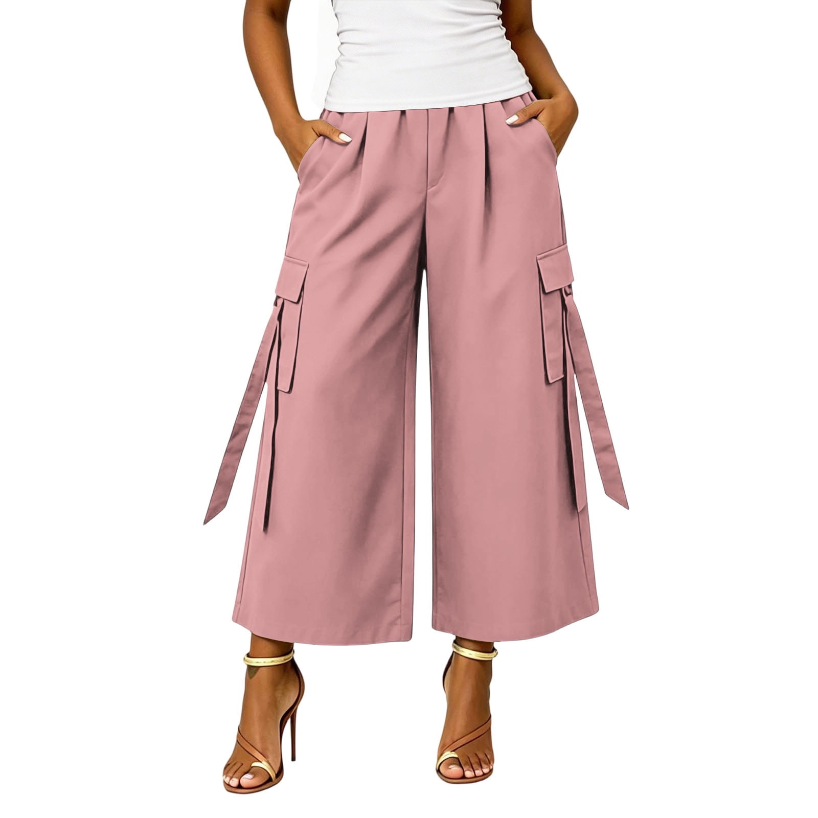 Atogsazn Womens Wide Leg Cargo Capris Casual Athletic Elastic Waist ...