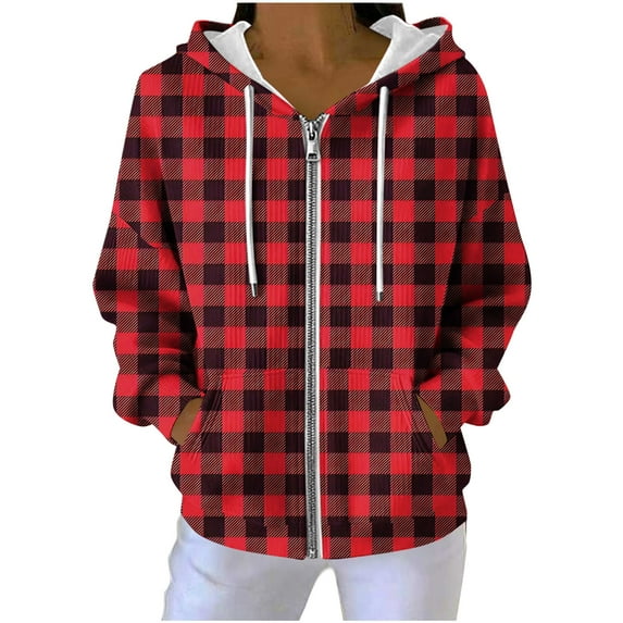 Atogsazn Womens Zip Up Hoodies Casual Plaid Long Sleeve Hooded ...