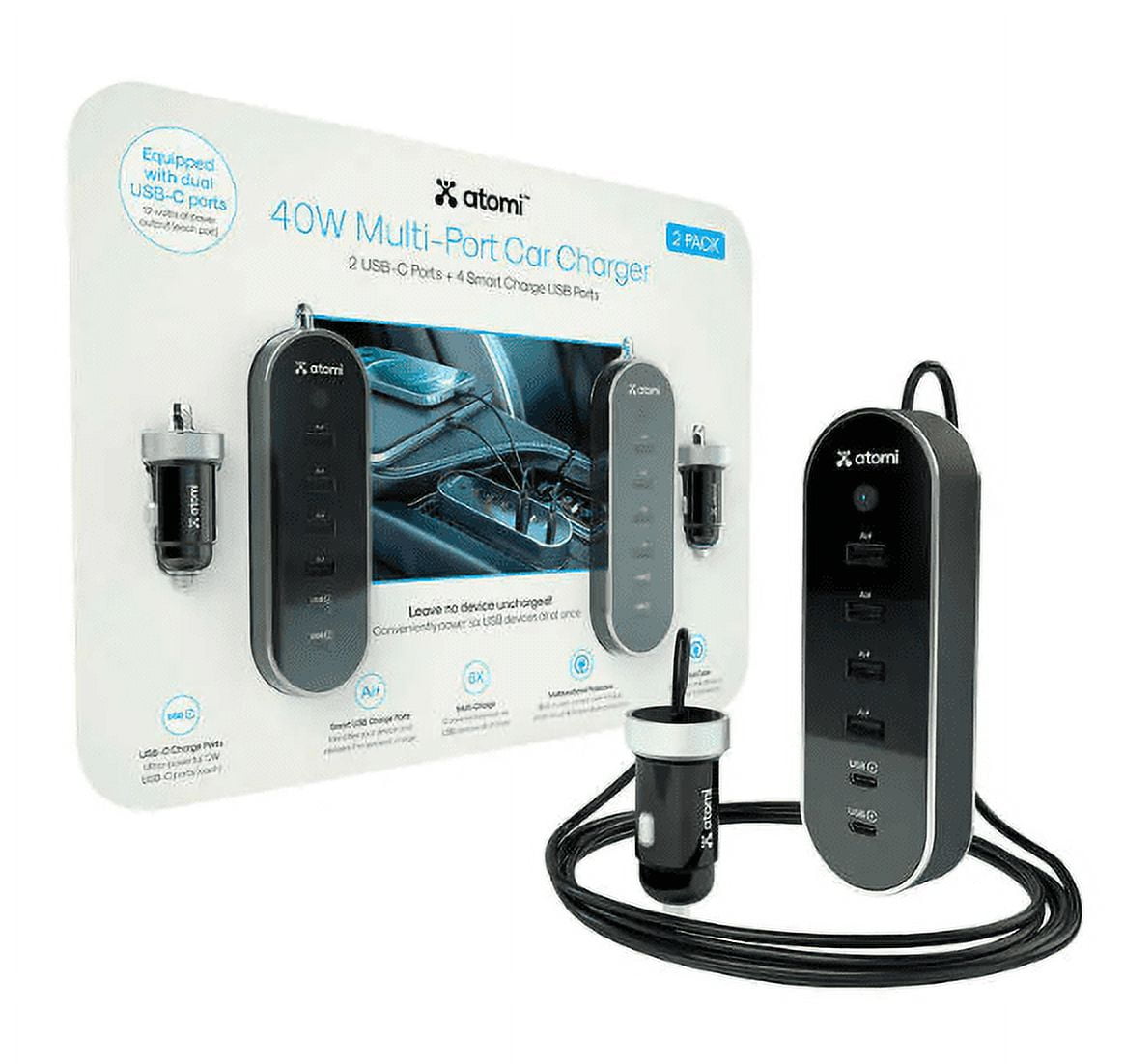 Atomi 40W Multi-Port Car Charger with Smart Charge, 2 Pack for Phones ...