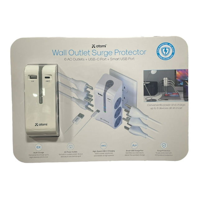 Atomi 8x Multiport Wall Outlet Surge Protector, USB, USB-C, AC Power ...