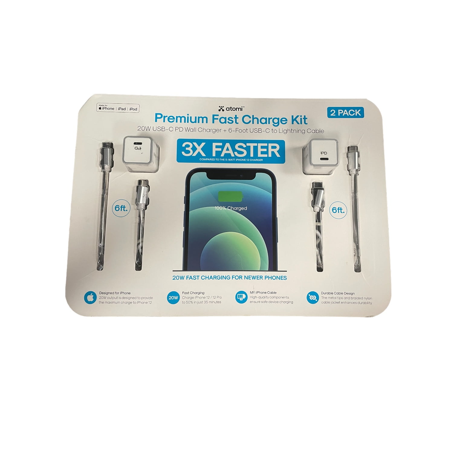 Atomi Premium Fast Charge Kit 20W USB-C Wall Charger +6" USB-C ...