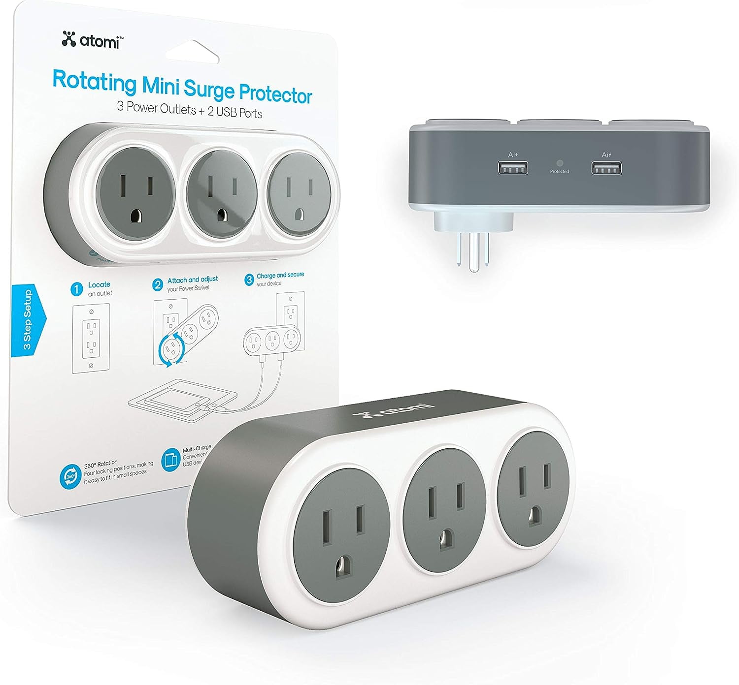 Atomi Rotating Mini Surge Protector - 3-Outlet Surge Protector, Wall ...
