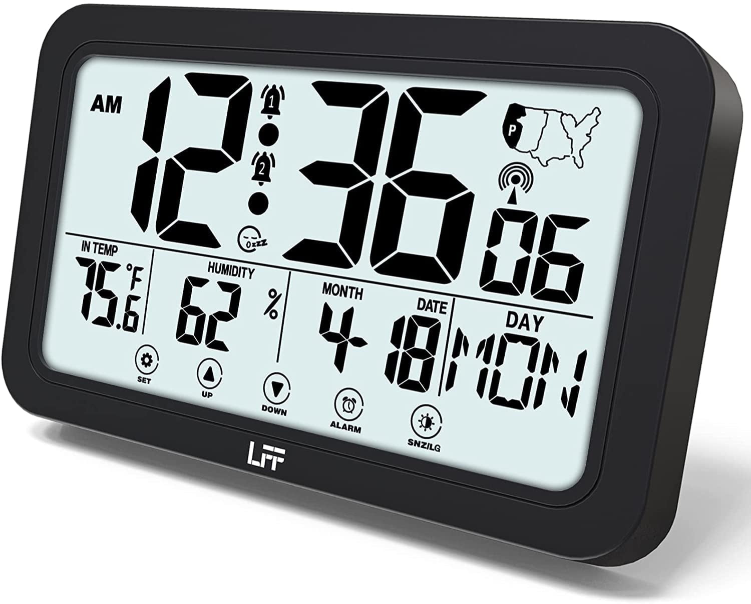 Atomic Alarm Clock with USB Charger, Indoor Thermometer, Backlight, LCD ...
