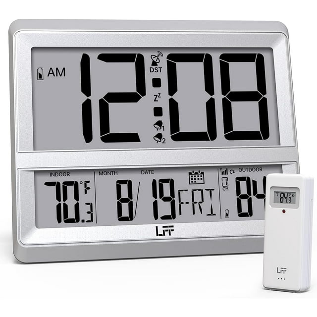 Silver Atomic Digital Wall Clock with Indoor/Outdoor Thermometer ...