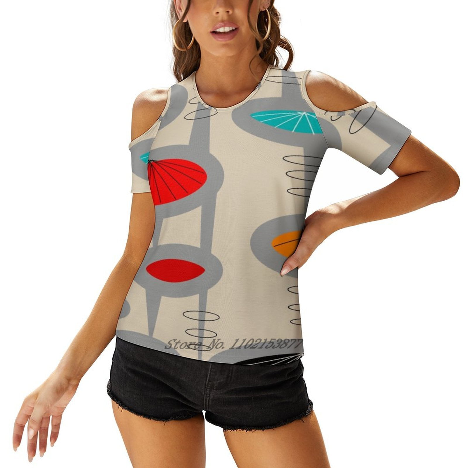 Atomic Era Inspired Art Women'S Clothing V-Neck Tops Zipper Tee Ladies ...