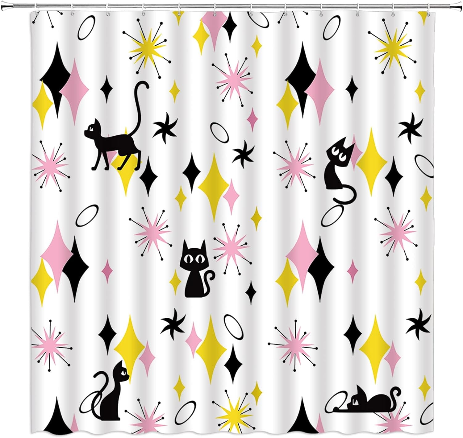 Atomic Starburst Cat Shower Curtain Mid Century Modern Abstract