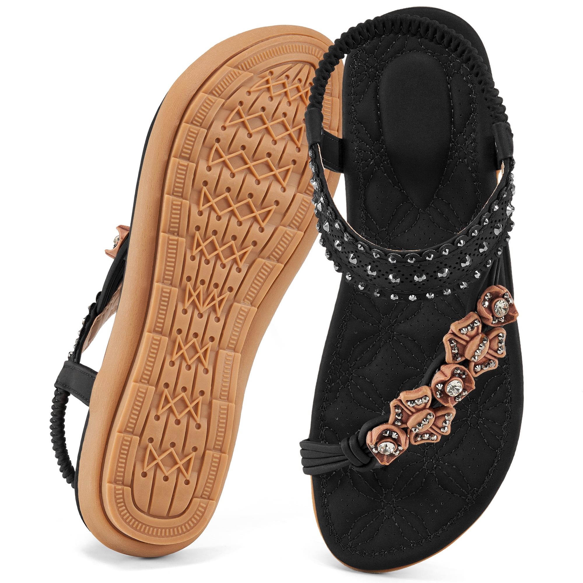 Atoshopce Summer Womens Flat Sandals Bohemian Beach Thong Sandals Black