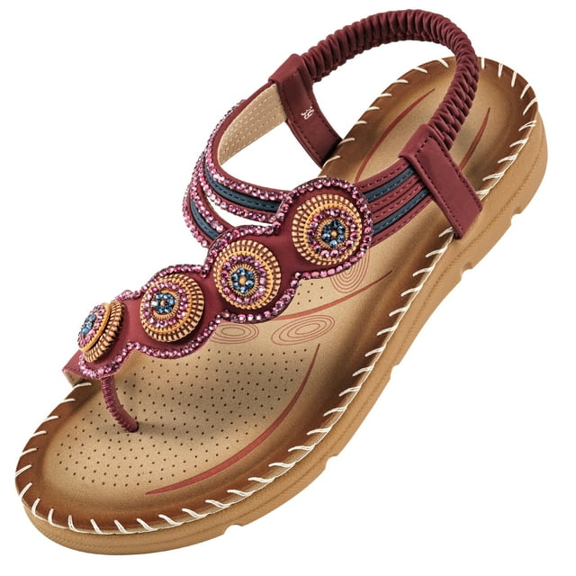 Atoshopce Womens Flat Sandals Summer Bohemian Beaded Flats Shoes ...
