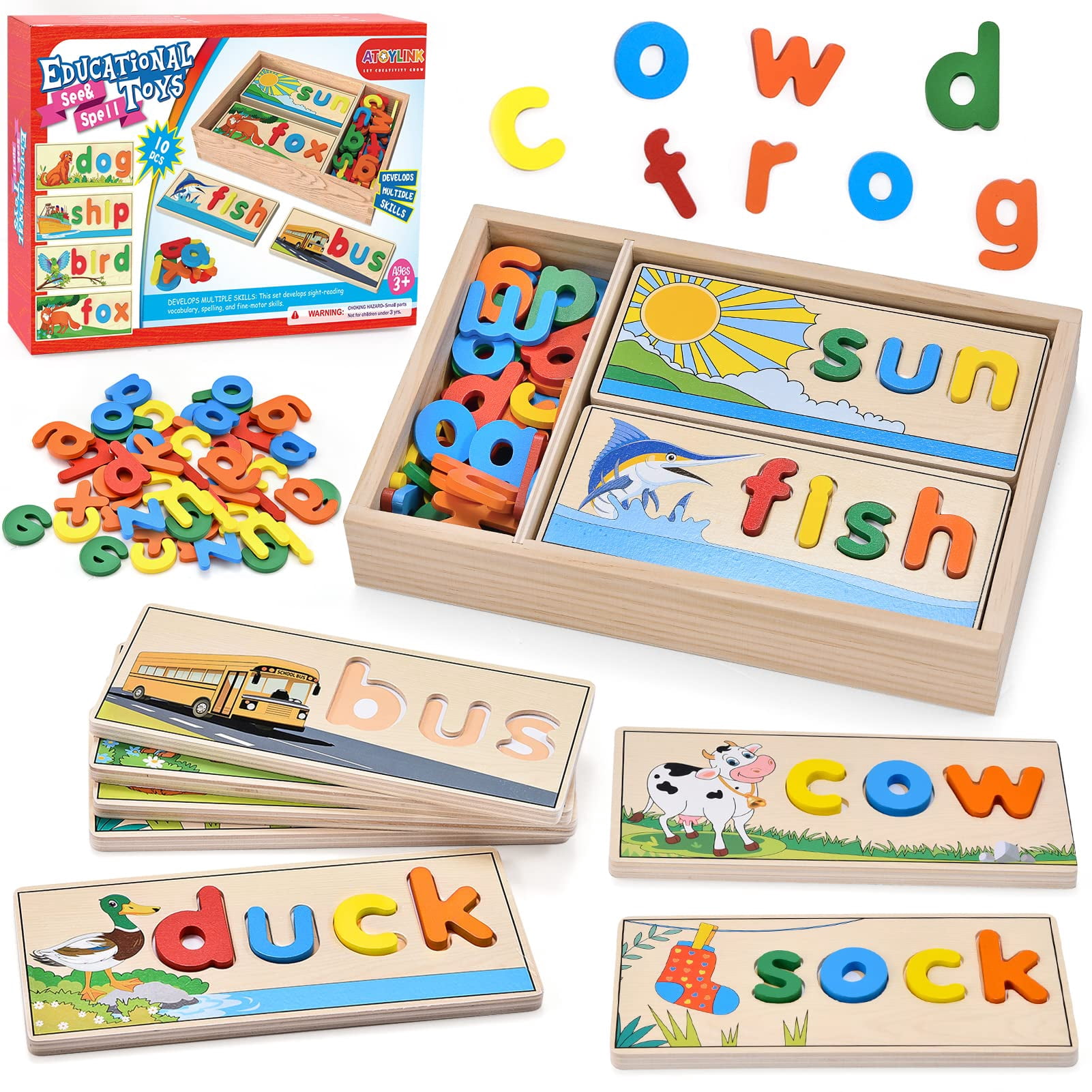 Atoylink Wooden Spell Learning TSF6 Toys for 2 3 Old Kids Match Letter Spelling Game Board ...