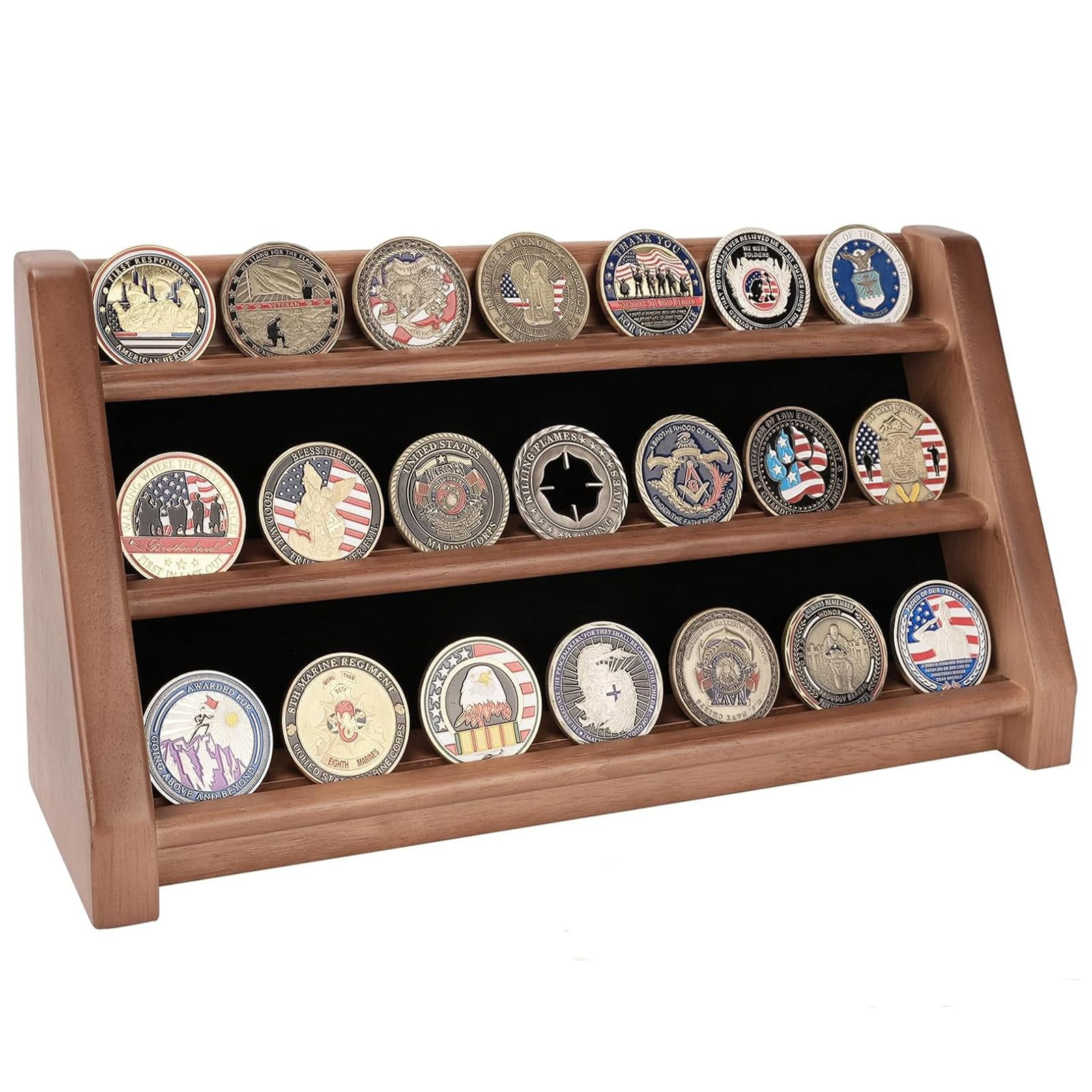 Atsknsk Challenge Coin Display Case, 3 Rows Solid Wood Military Coin ...