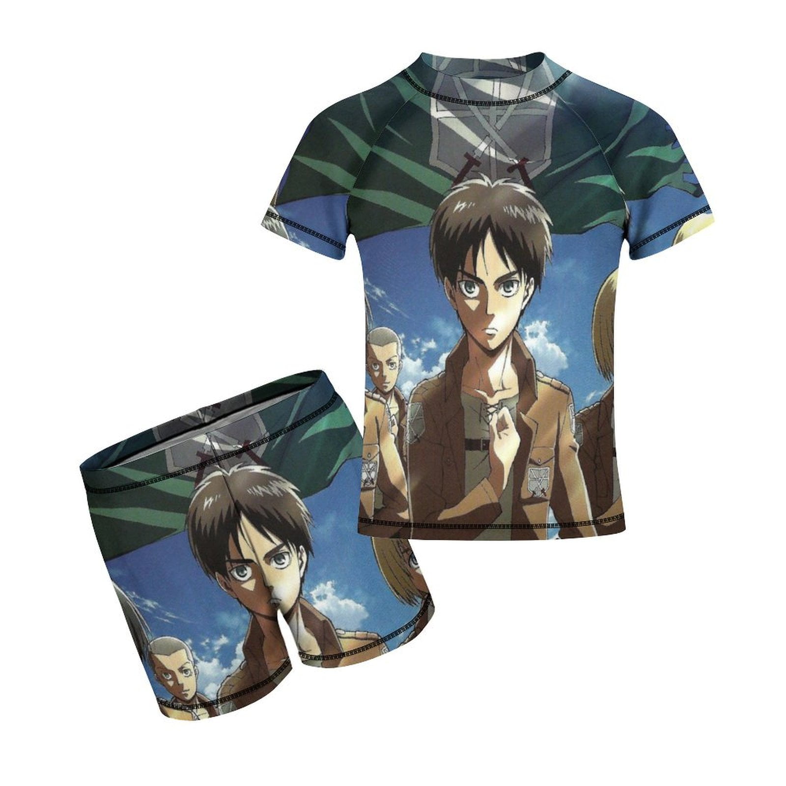 Attack On Titan Boy's Swimsuit Short Sleeve T Shirt Swim Trunks Shorts Swimwear Summer Kid's Two ...