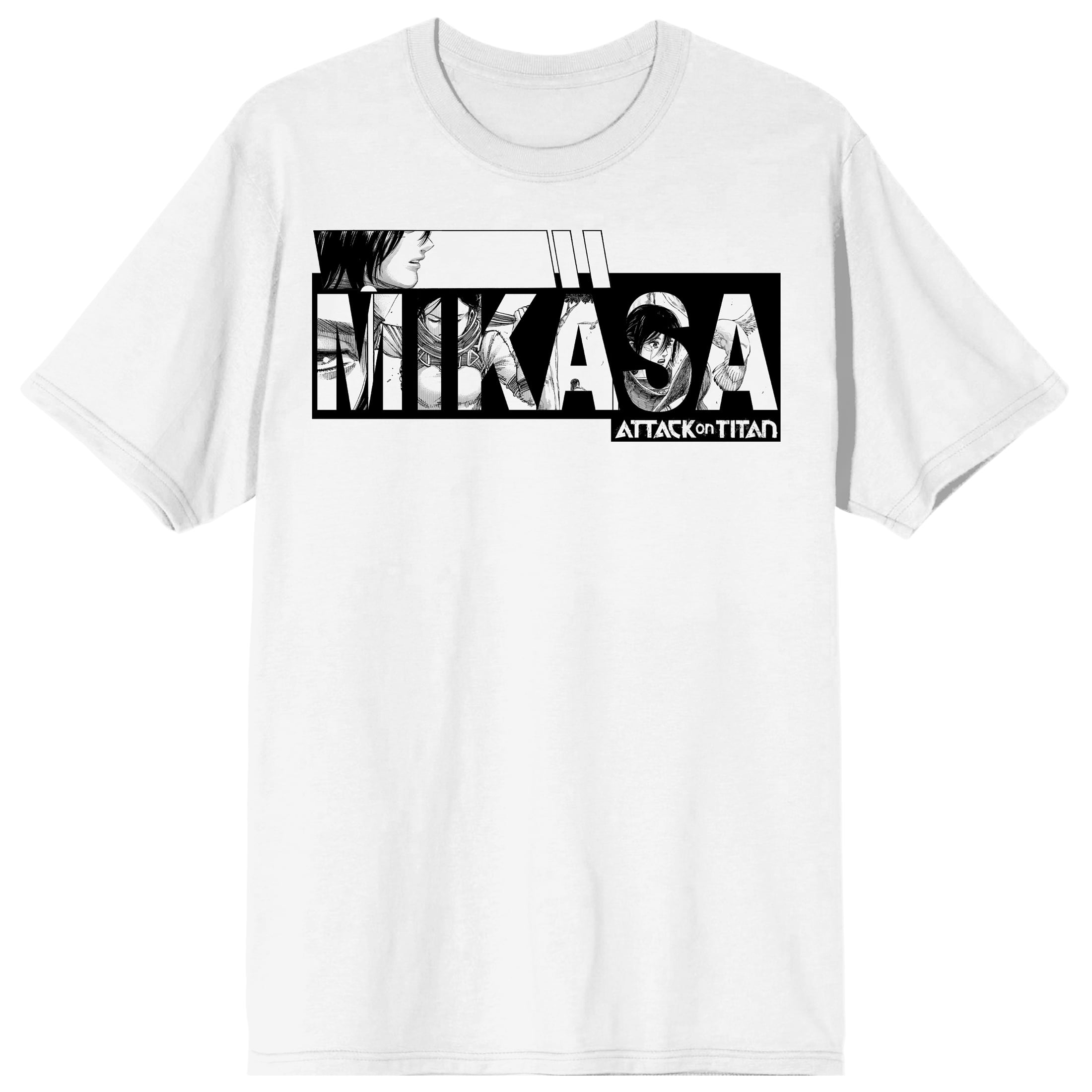 Attack On Titan Mikasa Logo Text Adult White Crew Neck Short Sleeve T ...