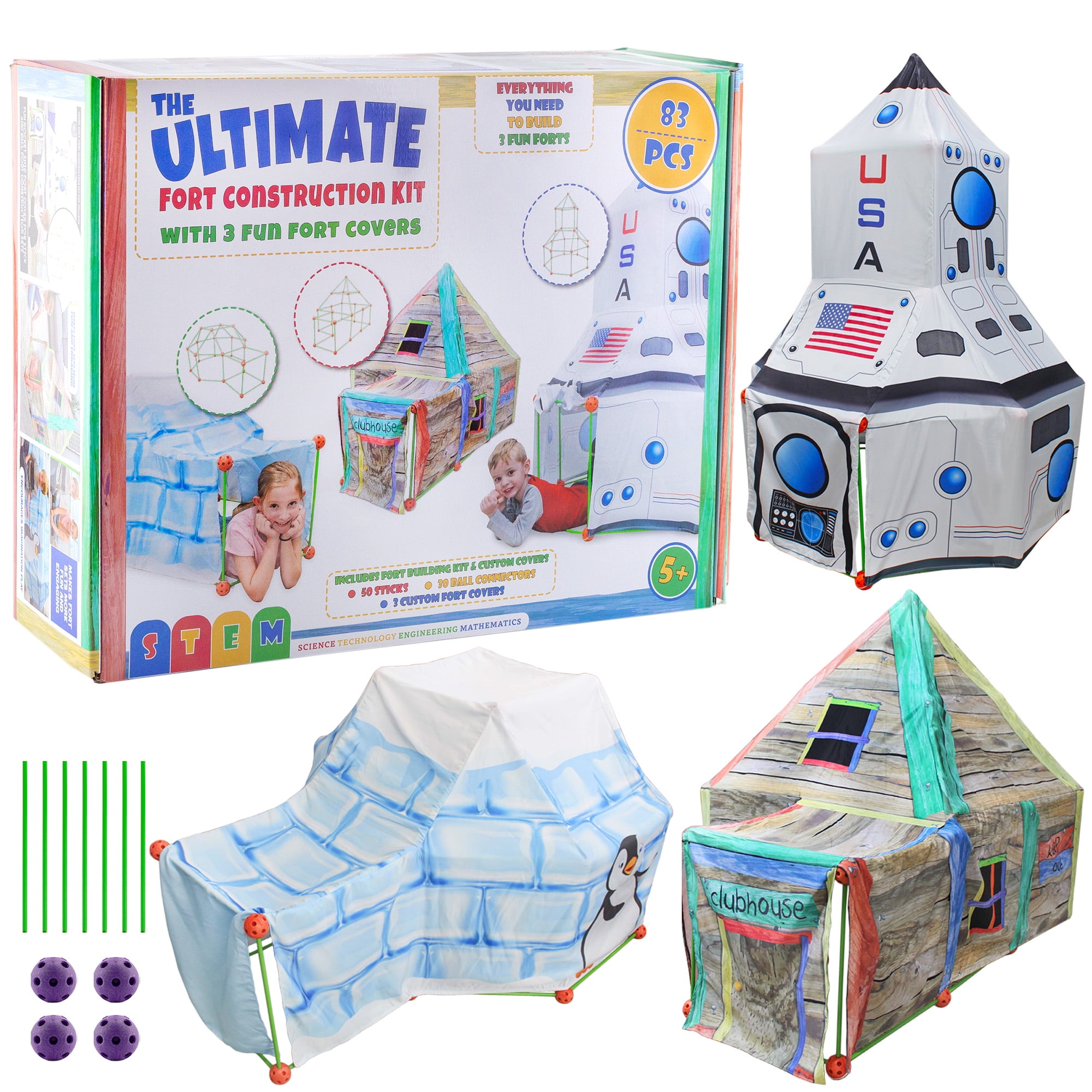 Attatoy Ultimate Play Fort Kit (83-Piece Set), Stick and Ball Fort ...