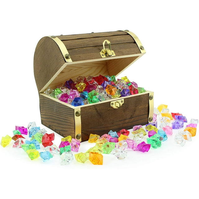 "Attatoy Wooden Pirate Treasure Chest, 240 Colored Plastic Gems ...