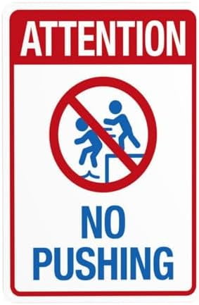 Attention No Pushing with Graphic Warning Sign, Pool Security Metal ...