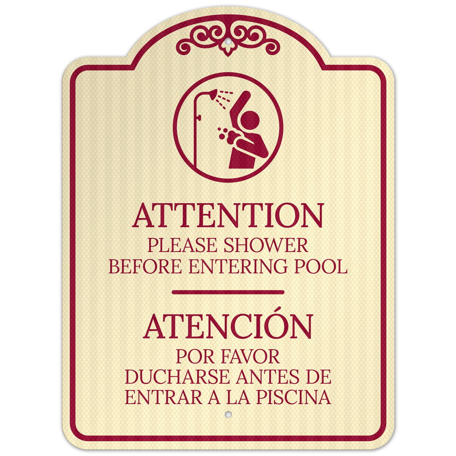 Attention Shower Before Entering Pool Bilingual Sign, Burgundy Light ...
