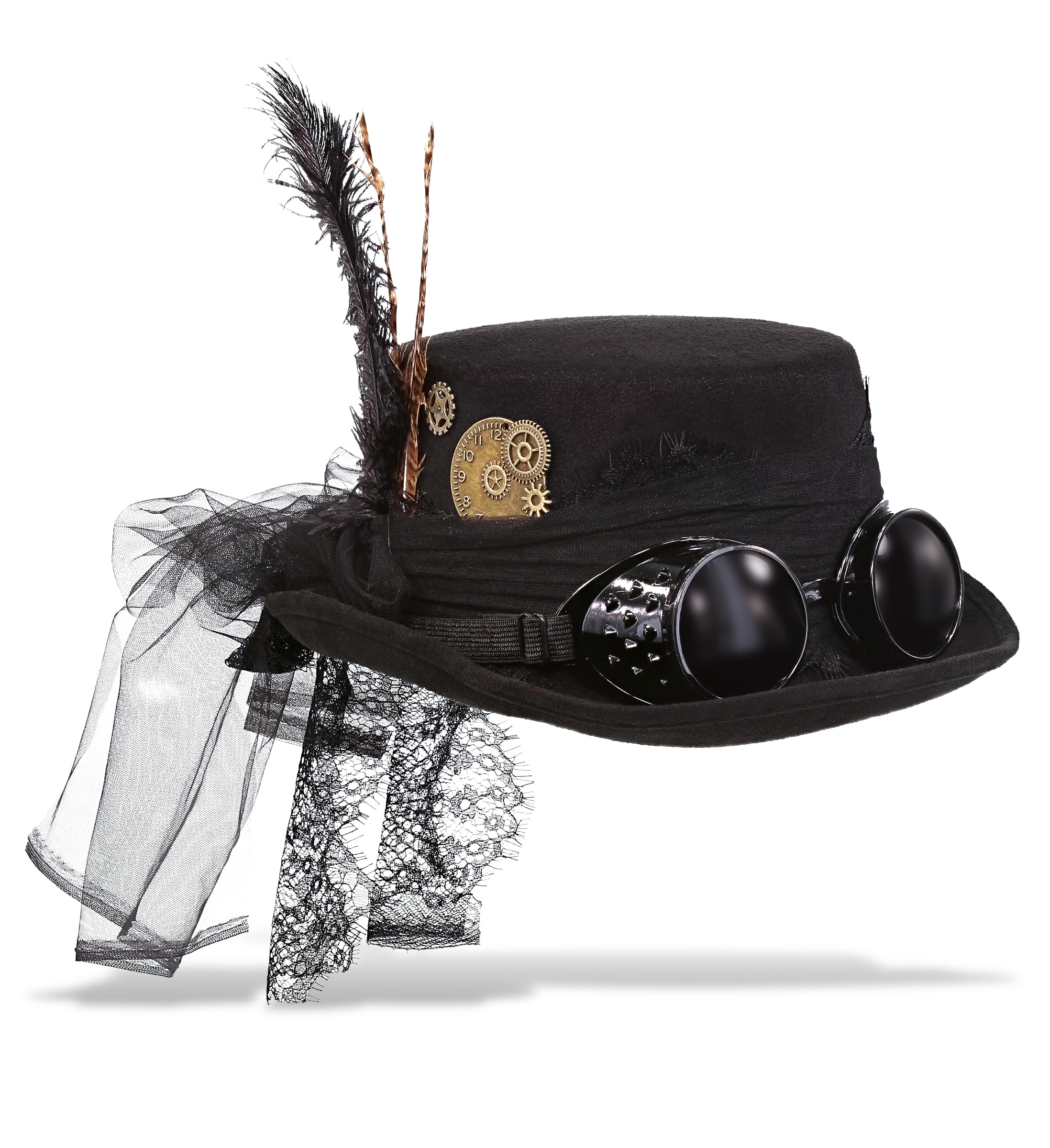 Attitude Studio Steampunk Costume Fedora Hat with Goggles Feather Gears ...